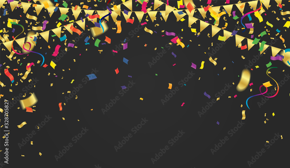 Abstract background with many falling golden tiny confetti pieces ...