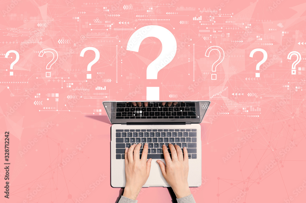 Question marks with person using a laptop computer Stock Photo | Adobe ...