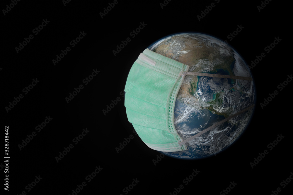 Mask on world On a black background concept Prevention of viral ...