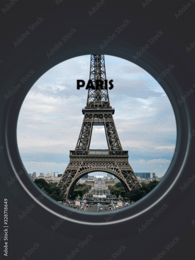 Eiffel Tower seen through a circular window labeled Paris Stock Photo ...
