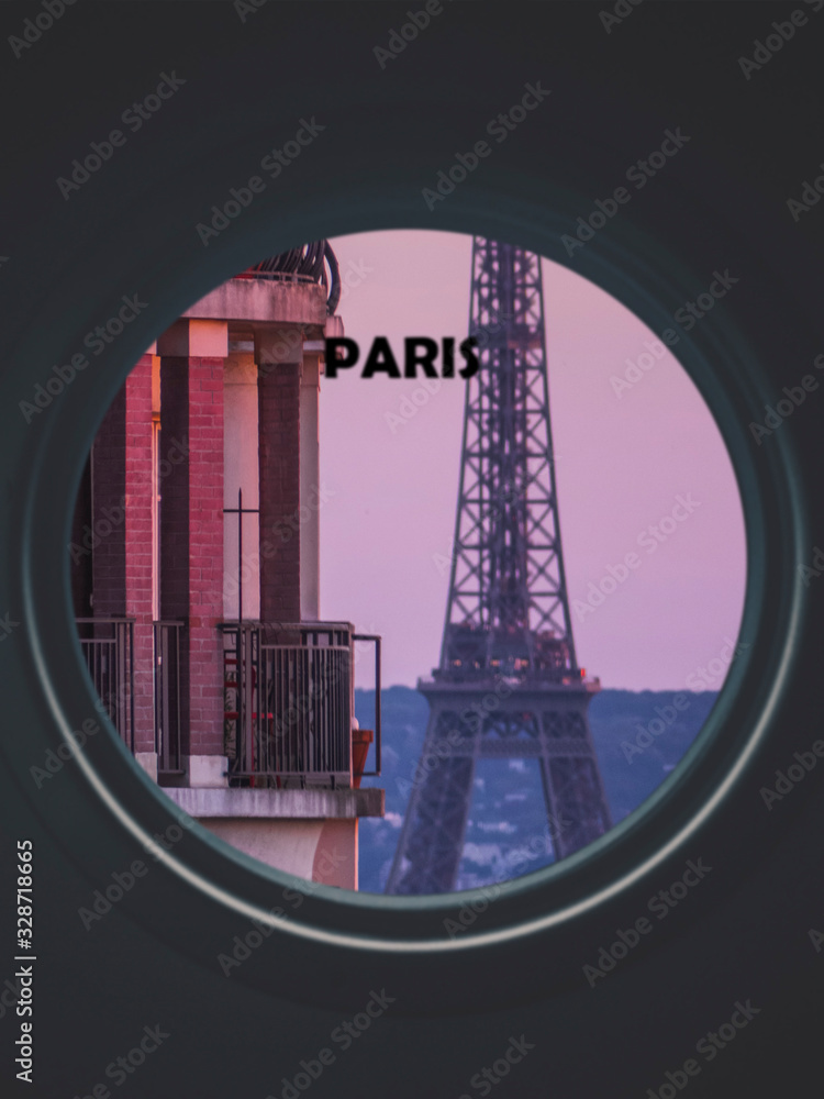 Eiffel Tower seen through a circular window labeled Paris Stock Photo ...