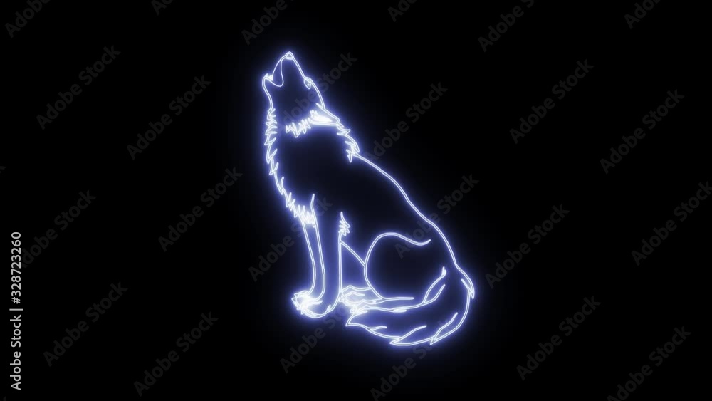 2d neon animation of wolf howling at the moon. Glowing red and blue ...
