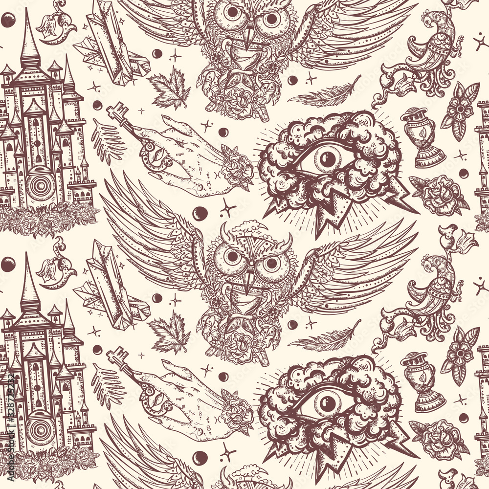 Medieval seamless pattern. Magic owl, holy grail, all seeing eye and ...