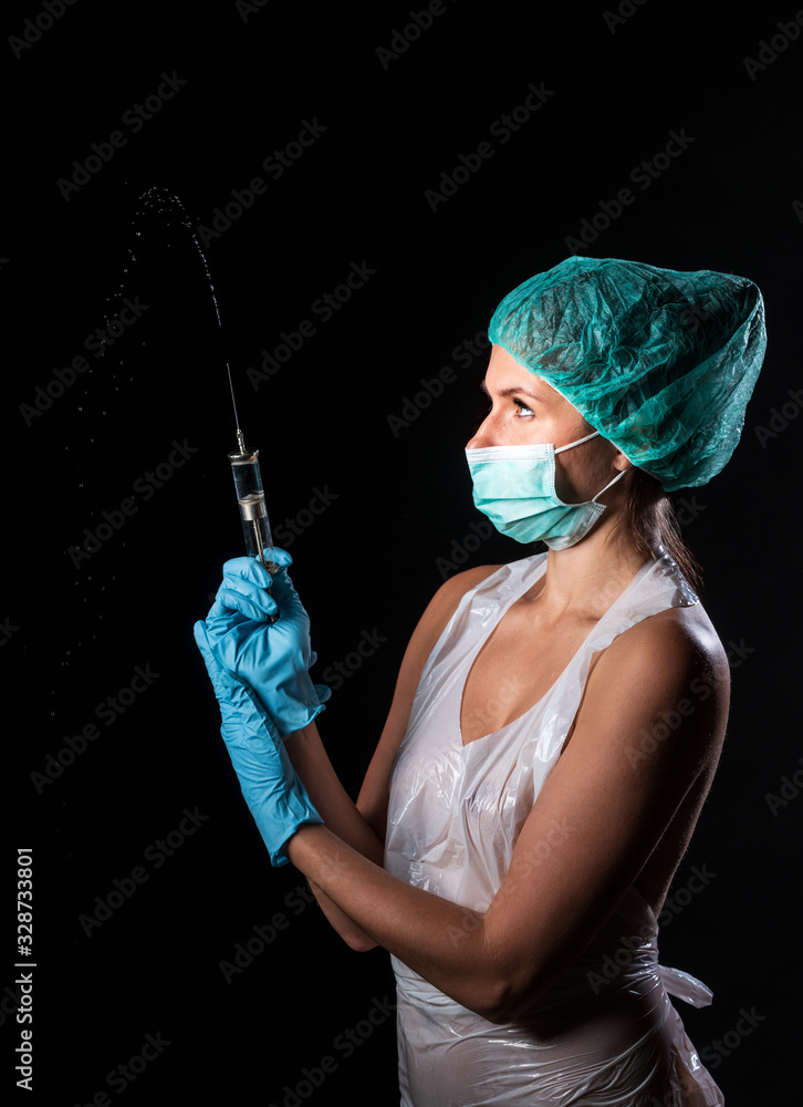 Sexy doctor in medical mask make protective injection. Naked nurse ...