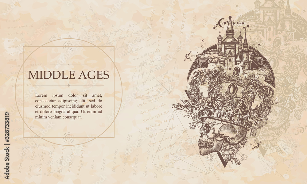 Middle ages. Skull with a crown. Dead king and medieval castle ...