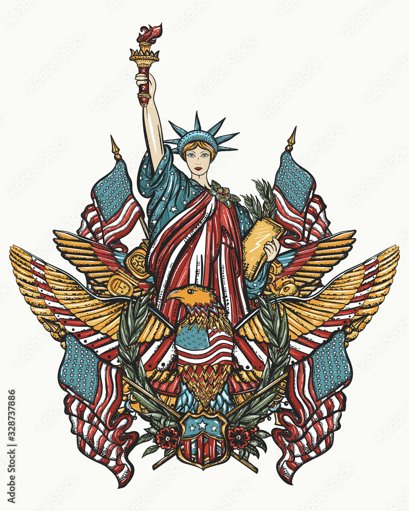 Statue of liberty, eagle, flag and map. United States of America ...