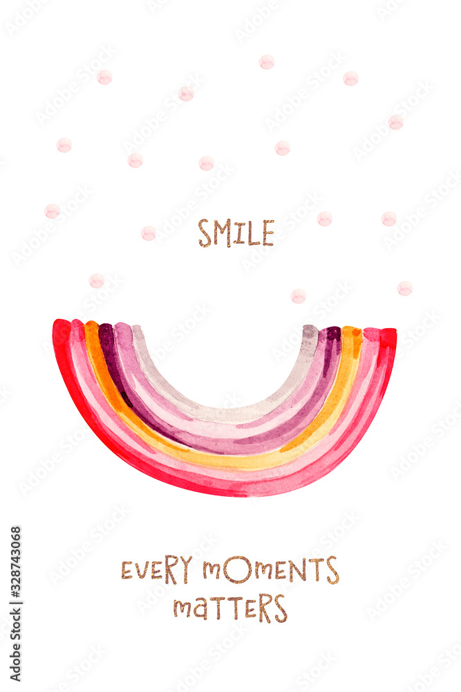 Rainbow smile, motivating quote card. Watercolor nursery greeting card ...