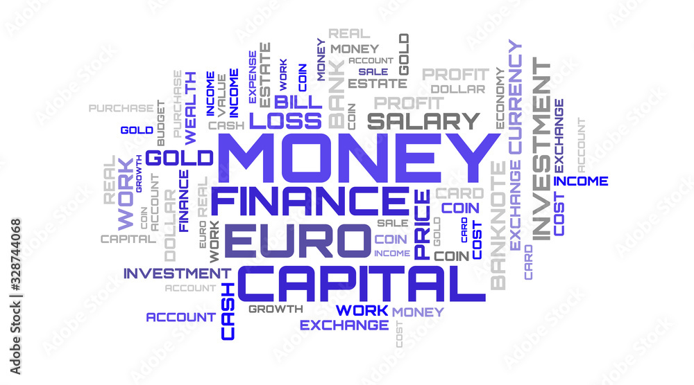 Beautiful blue word collage on white background. Finance word cloud ...
