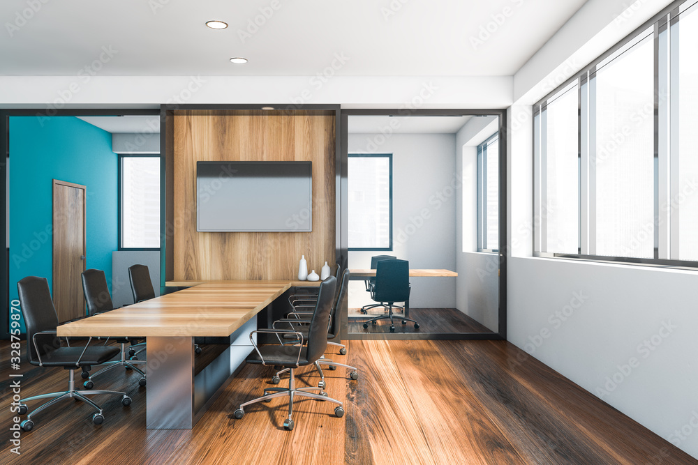 White and blue conference room interior with TV Stock Photo | Adobe Stock