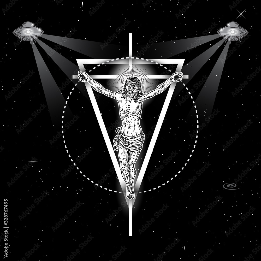 Jesus crucifixion on the sacred geometric cross, son of God, with alien ...
