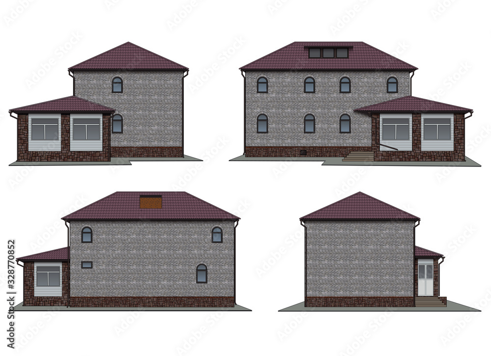 The project of a two-floor individual brick house with stone terrace ...