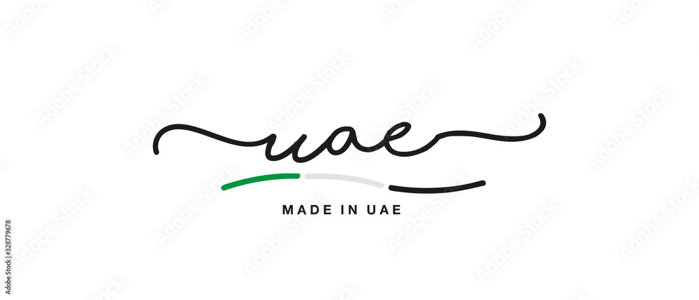 Made in UAE handwritten calligraphic lettering logo sticker flag ribbon ...