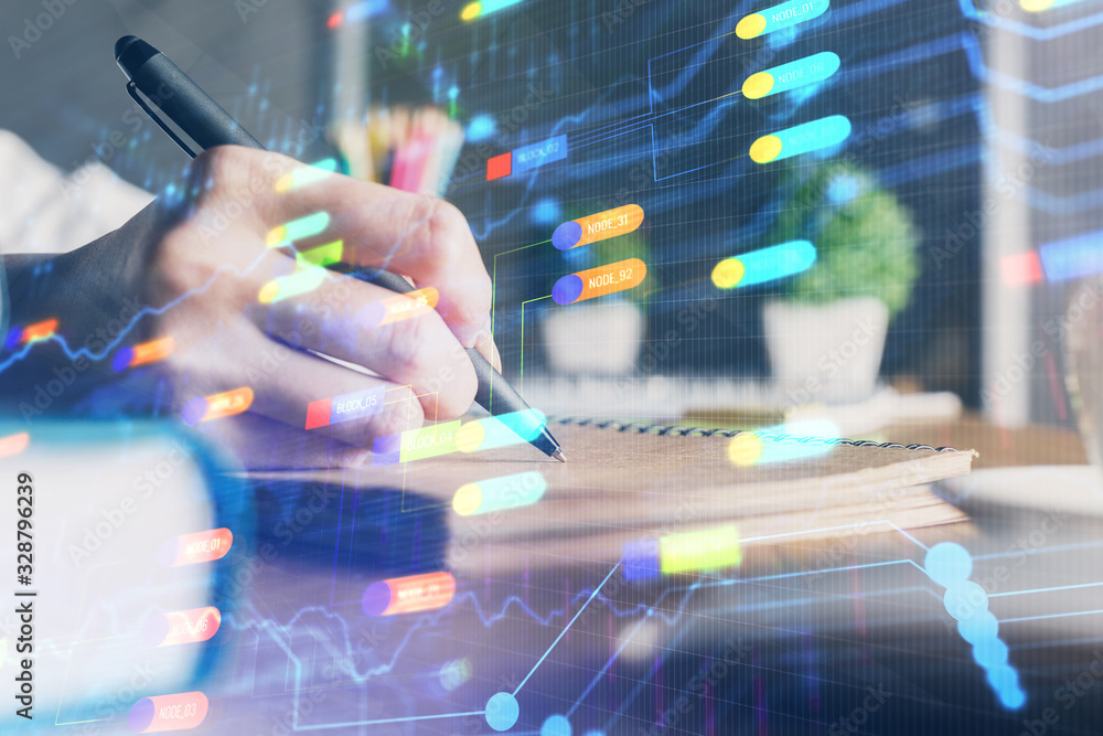 Double exposure of woman's hands on background with technology and ...