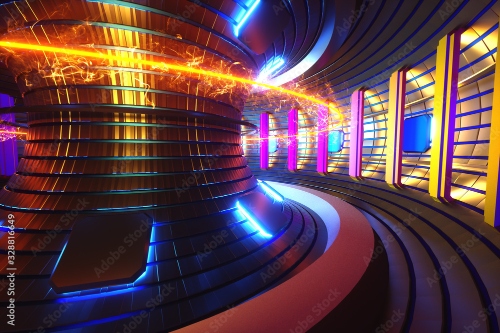 3D Render fusion reactor nuclear fusion, tokamak inside heated plasma ...