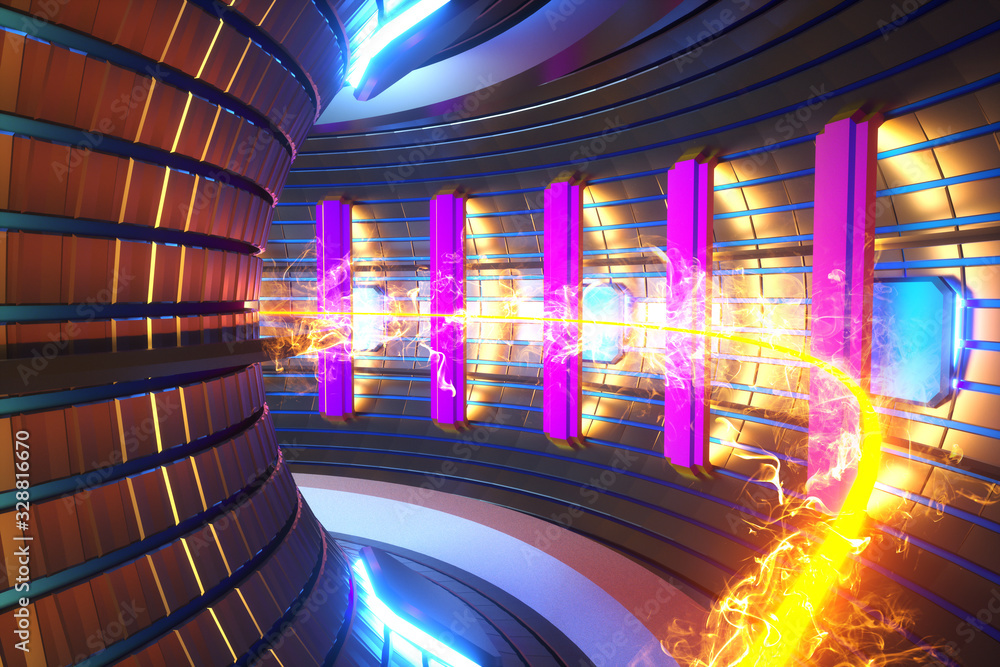 3D Render fusion reactor nuclear fusion, tokamak inside heated plasma ...