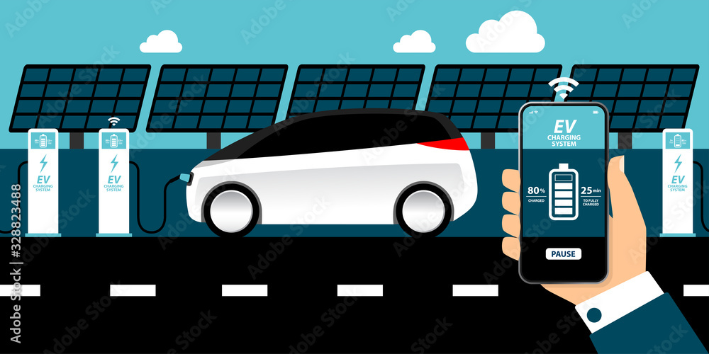 flat design illustration vector, pure white electric car and solar ...