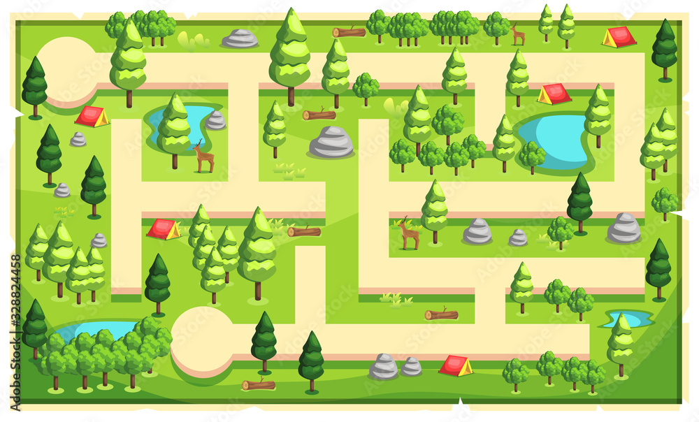 Map Light Green Mountain Nature with path and big trees, camping tents ...