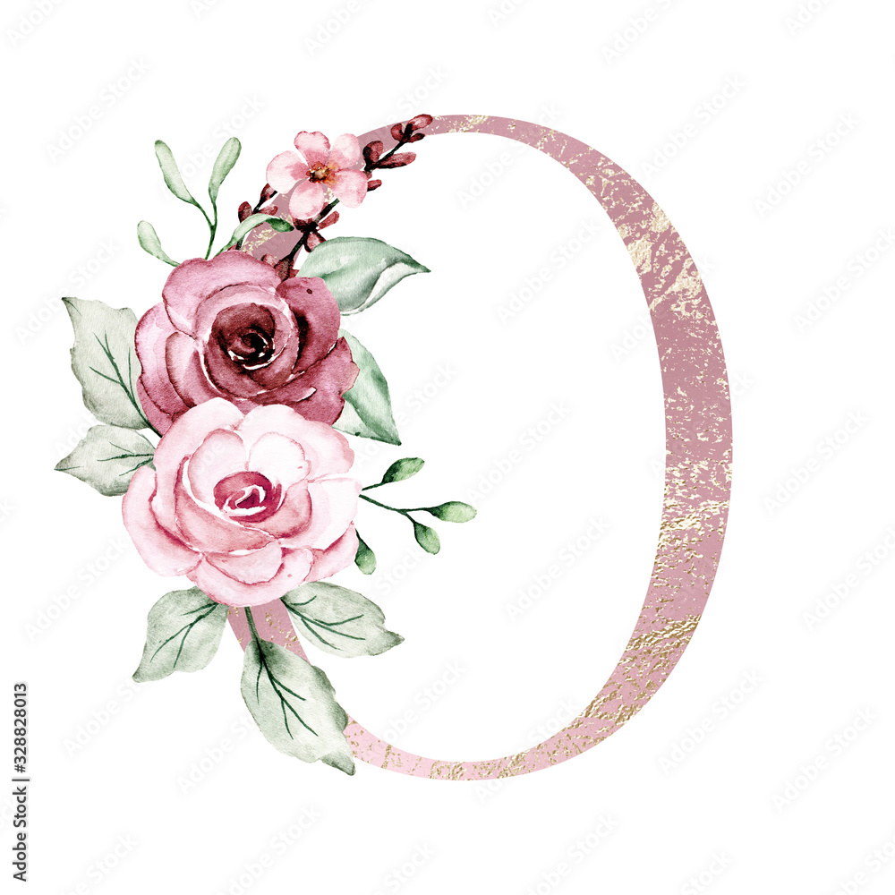 Pink number 0 with watercolor flowers and leaf. Painting isolated on ...