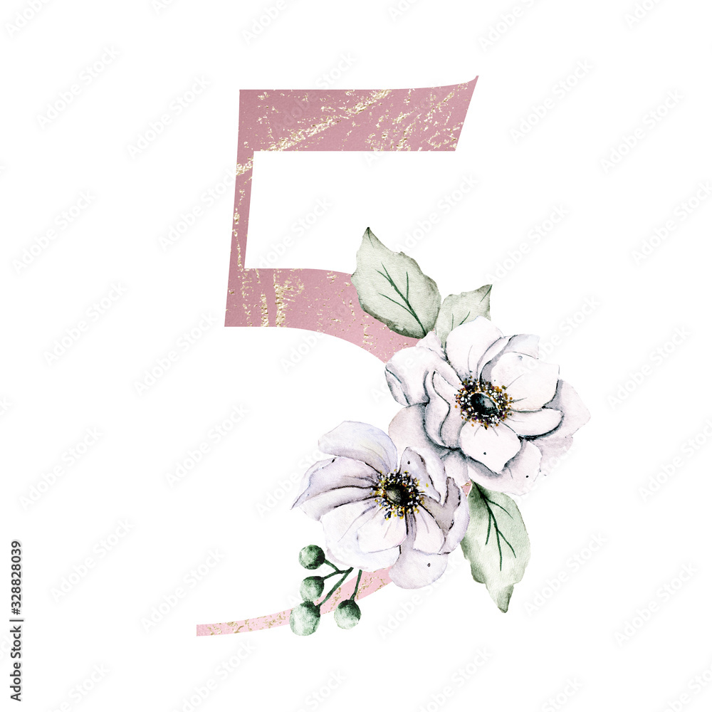 Pink number 5 with watercolor flowers and leaf. Painting isolated on ...