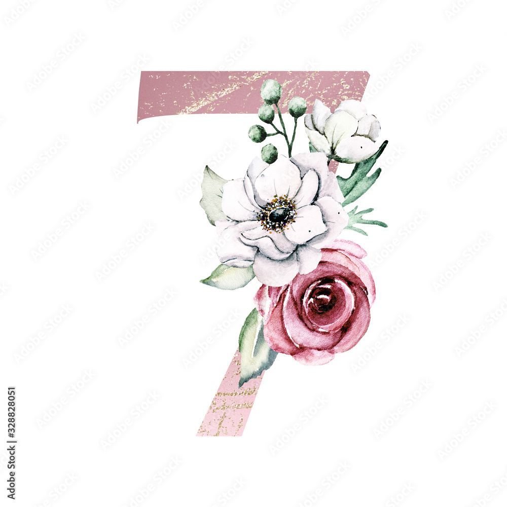 Pink number 7 with watercolor flowers and leaf. Painting isolated on ...
