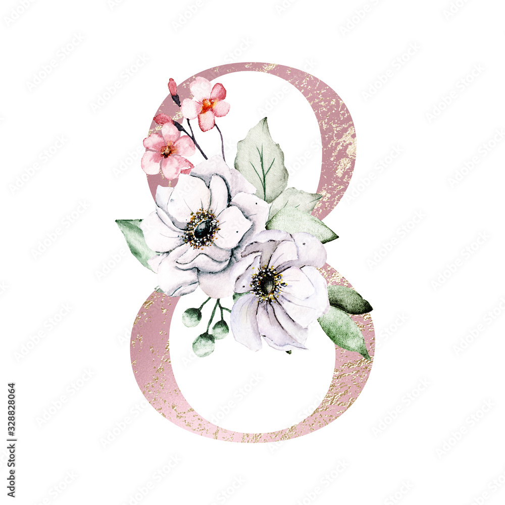 Pink number 8 with watercolor flowers and leaf. Painting isolated on ...