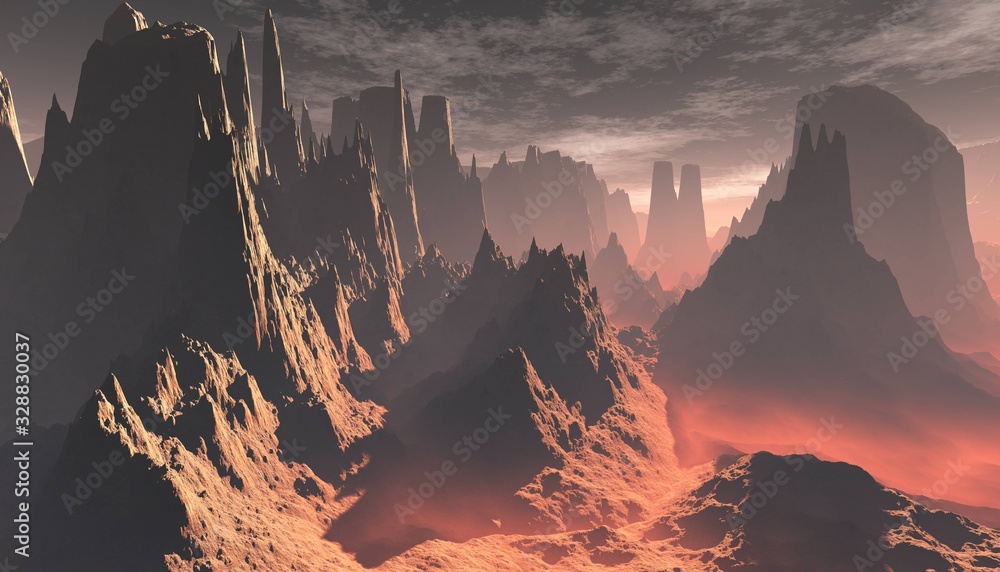 Planet Mars, an alien at sunset, the surface of Mars, canyons on Mars ...