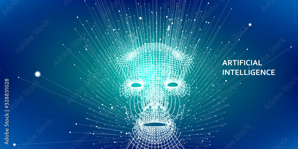 AI. Artificial intelligence concept. 3d wireframe face from flow dots ... AI. Artificial intelligence concept. 3d wireframe face from flow dots ...