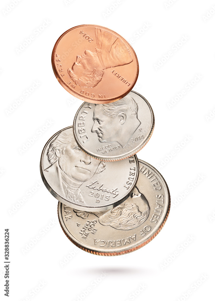Flying coin stack with US cents isolated in white background Stock ...