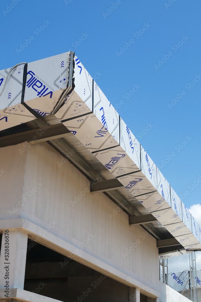 SEREMBAN, MALAYSIA -MARCH 3, 2020: Aluminum sheet cladding installation ...