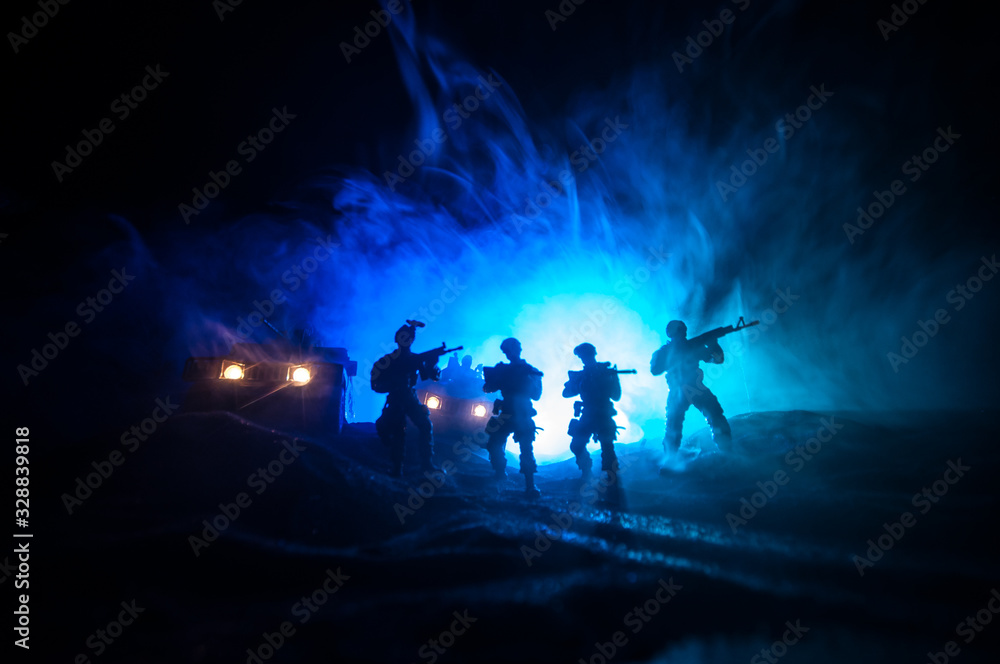 War Concept. Battle scene on war fog sky background, Fighting ...