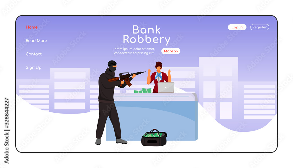 Bank robbery landing page flat color vector template. Armed criminal ...