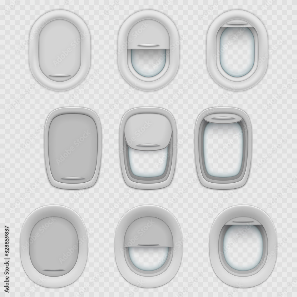 Set of isolated airplane or plane window with shades. Realistic opened ...