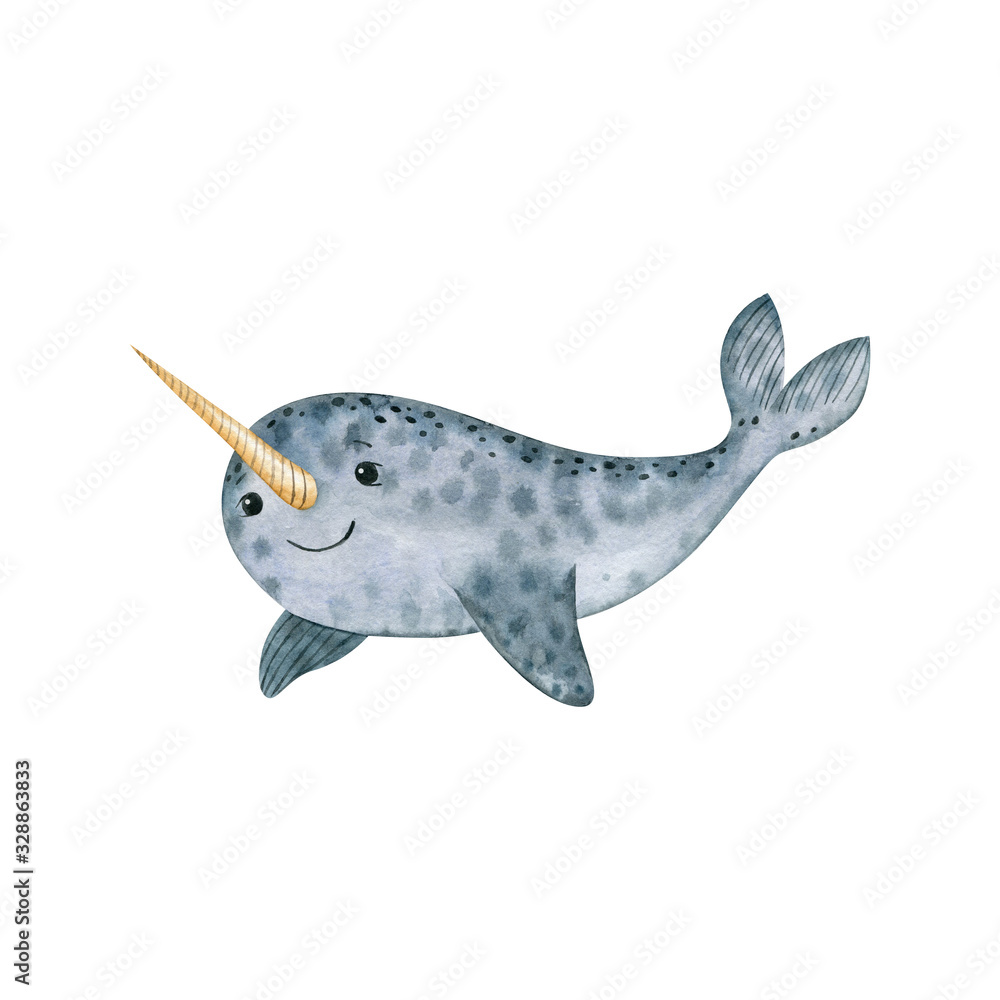 Cute sea narwhal-watercolor illustration isolated on white background ...
