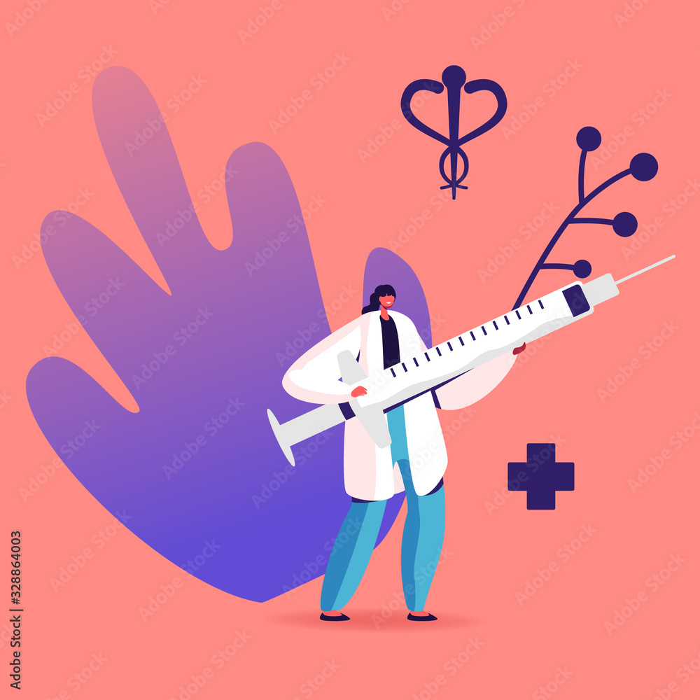 Tiny Female Doctor Character Carry Huge Syringe with Antibiotic or ...