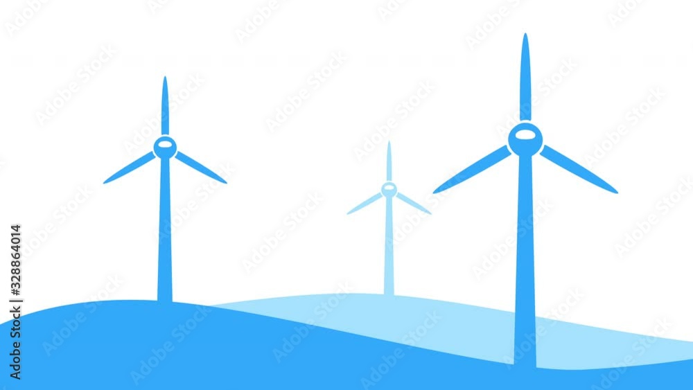 Three wind turbines with rotating blades, animation with wind turbines ...