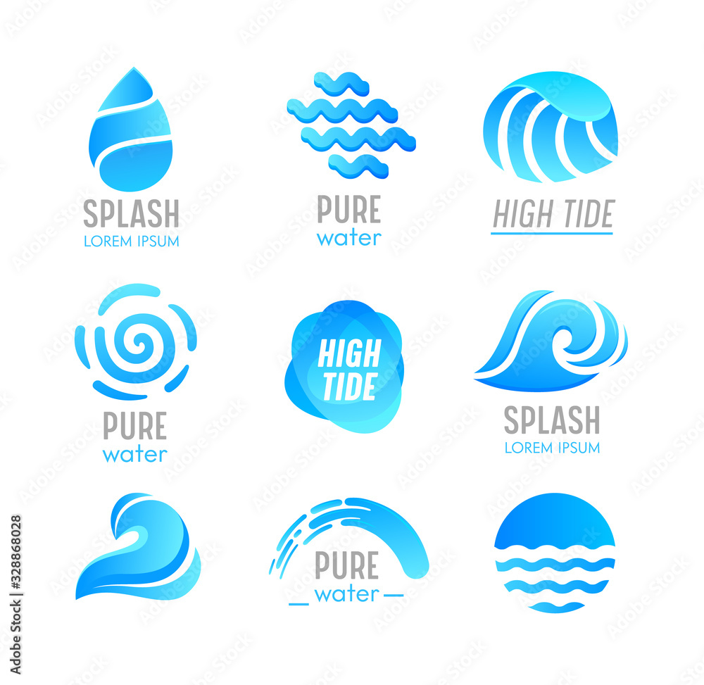 Set of Blue Water Drops and Sea Splashing Waves of Different Shapes ...
