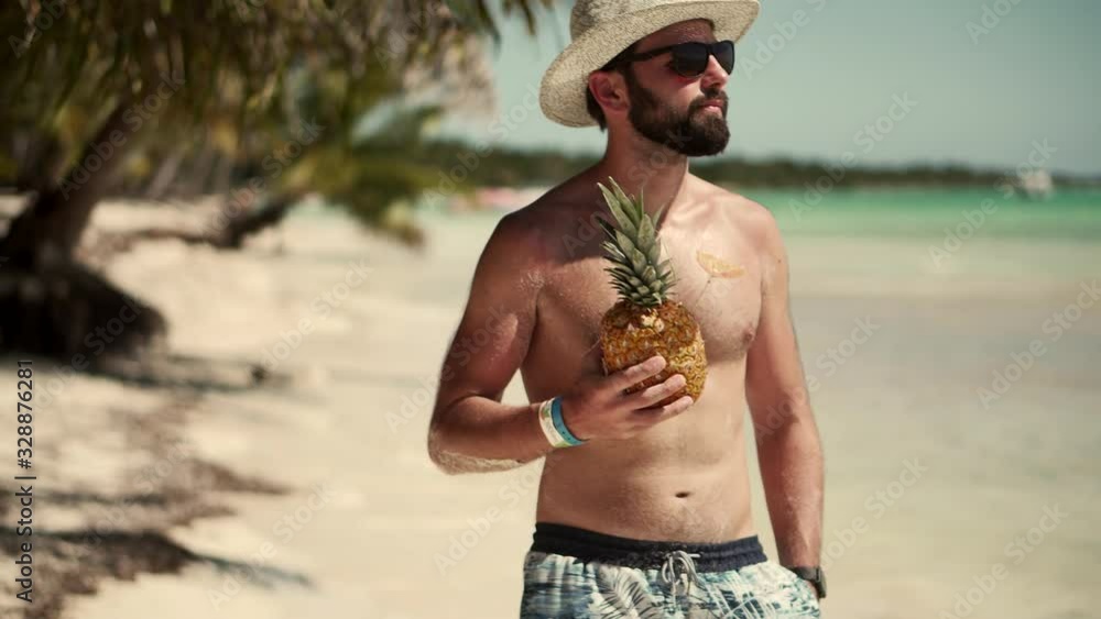 Happy Businessman Enjoying Tropical Beach Resort.Man Walking On ...