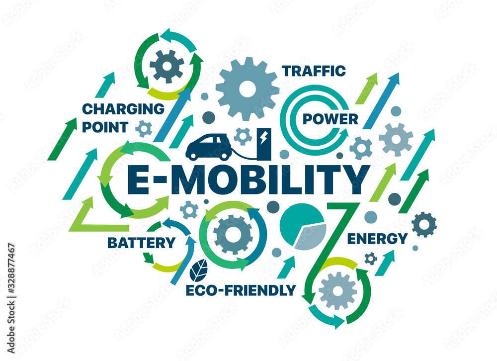 Detailed illustration of e-mobility concept. Banner with keywords and ...