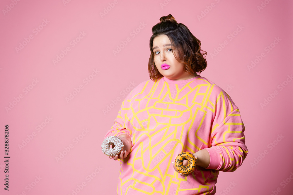 Sad plus size model with doughnuts, fat woman sadness and overeats on ...
