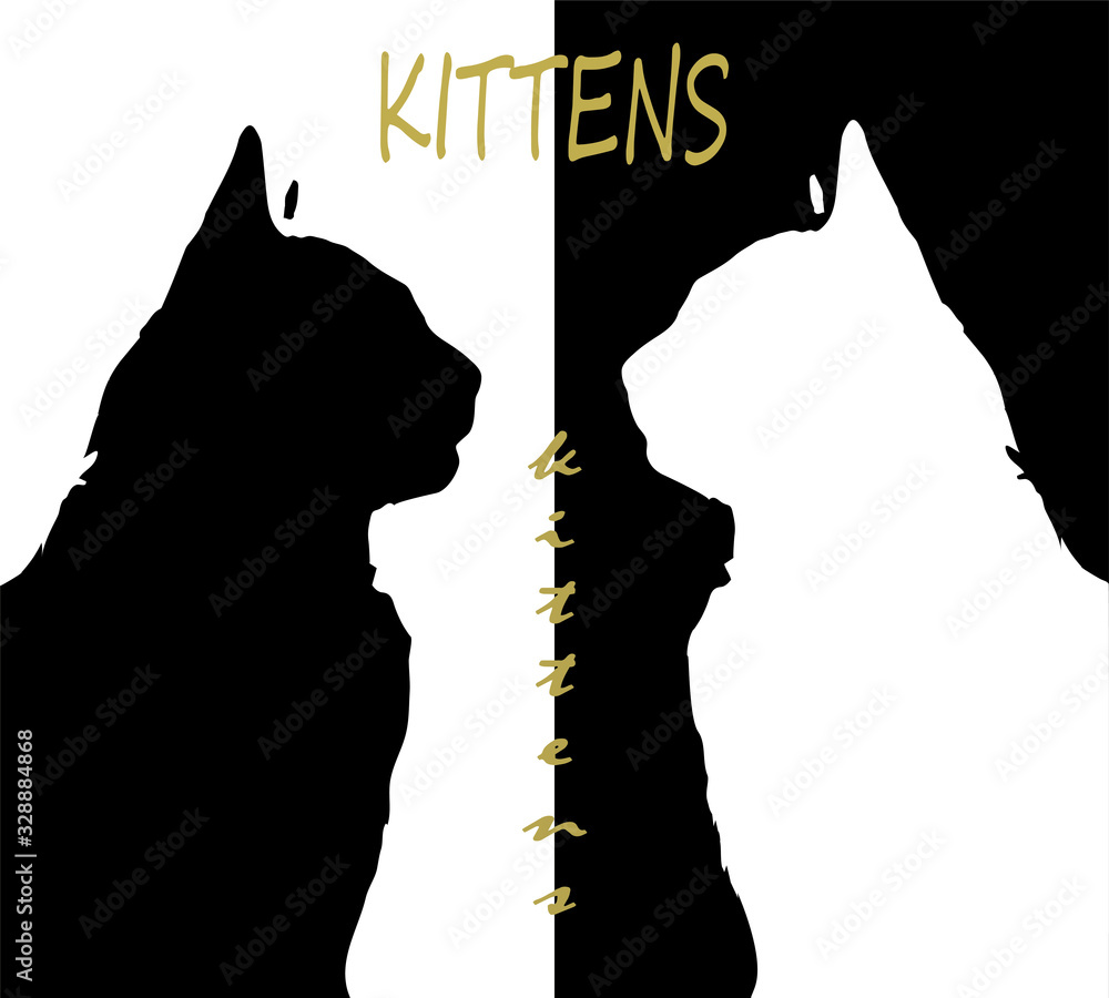 black and white silhouettes, two cats sitting opposite each other, in ...
