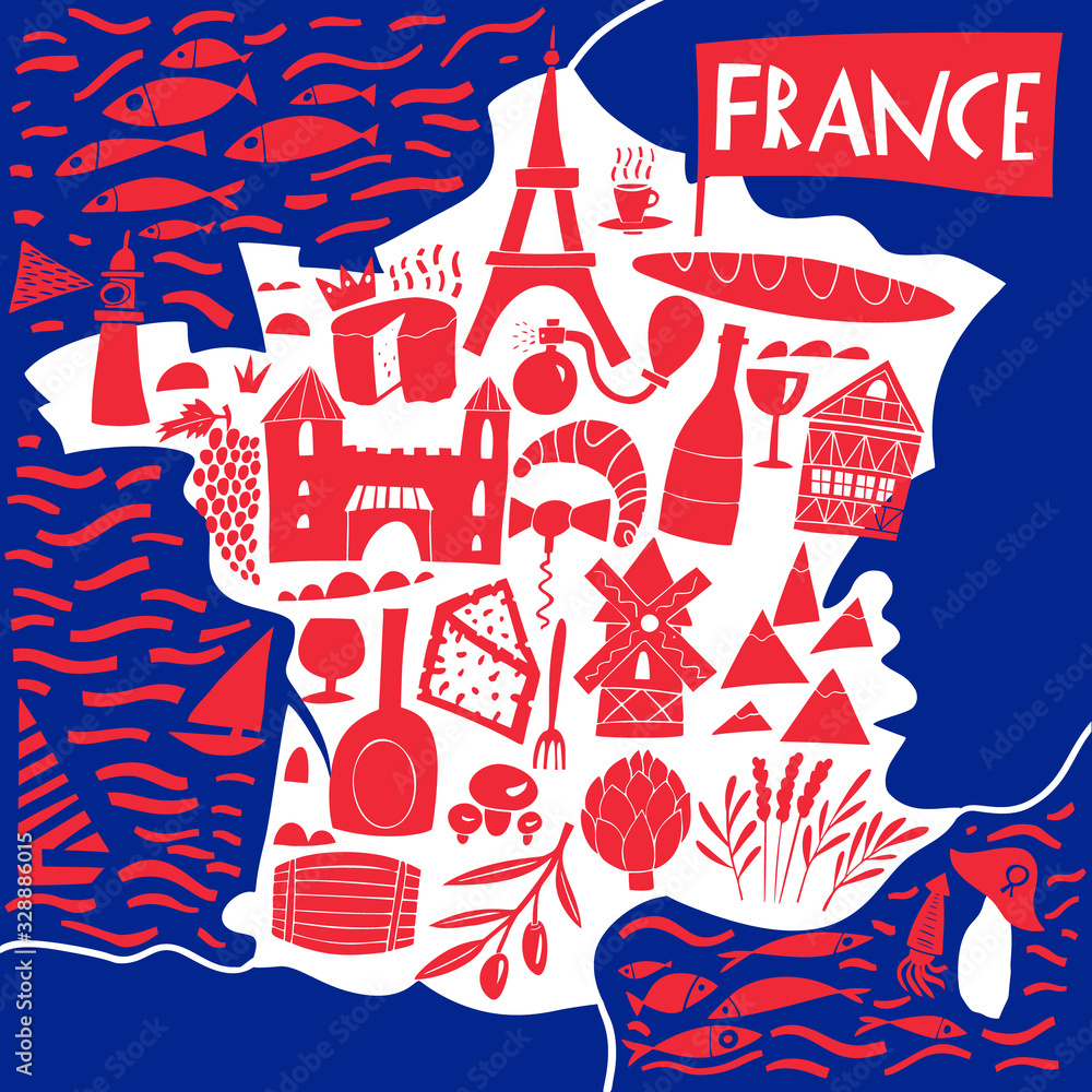 Vector hand drawn stylized map of France. Travel illustration with ...