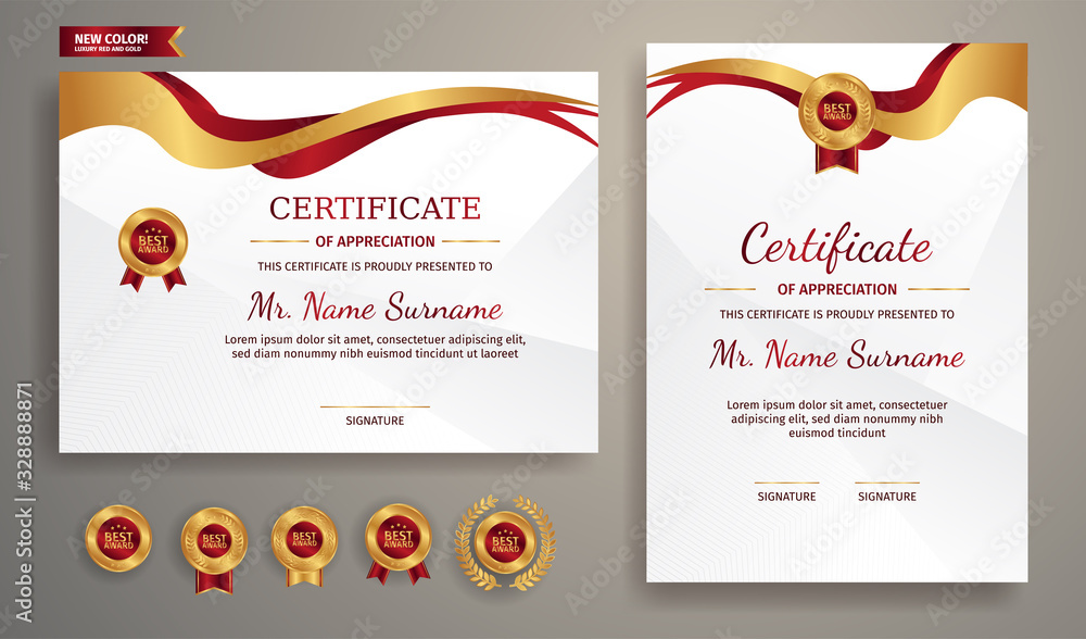 Modern simple certificate in red and gold color with gold badge and ...