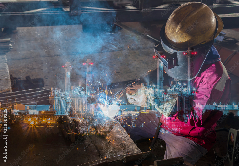 Double exposure of welder are welding a steel structure work with ...