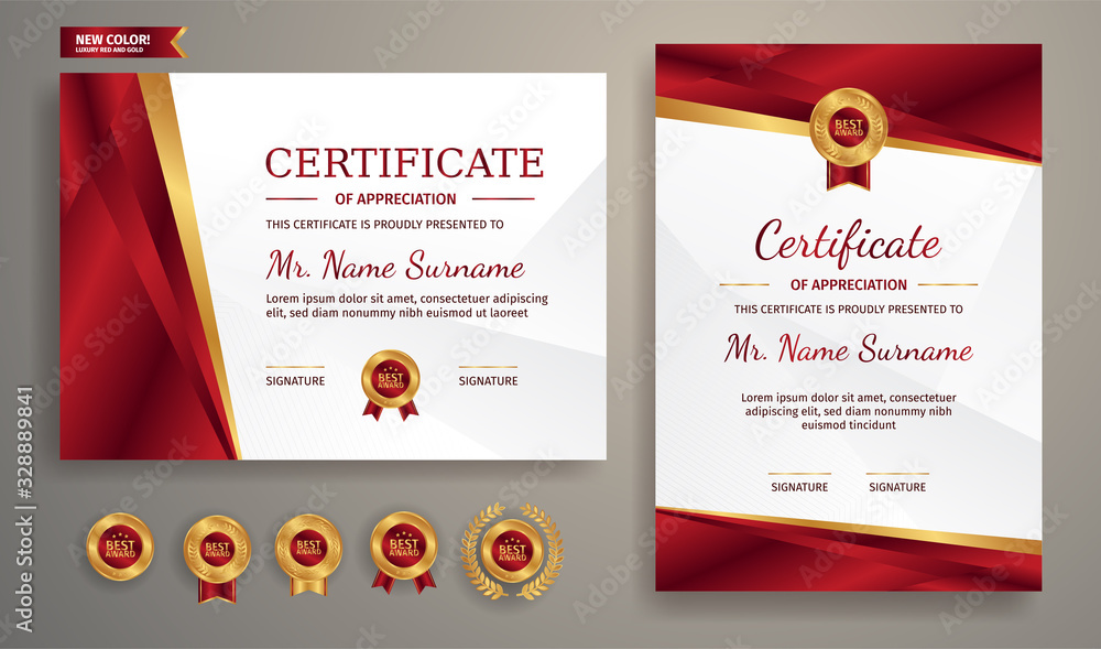 Certificate border template, gold and red color. Clean modern design ...