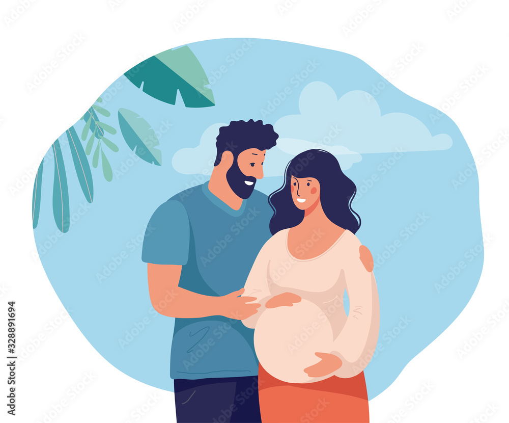 Happy young married couple expecting a baby. A pregnant woman with a ...