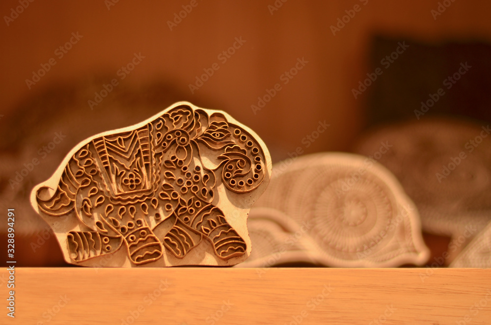 Block printing blocks on display in a factory in Jaipur, Rajasthan ...
