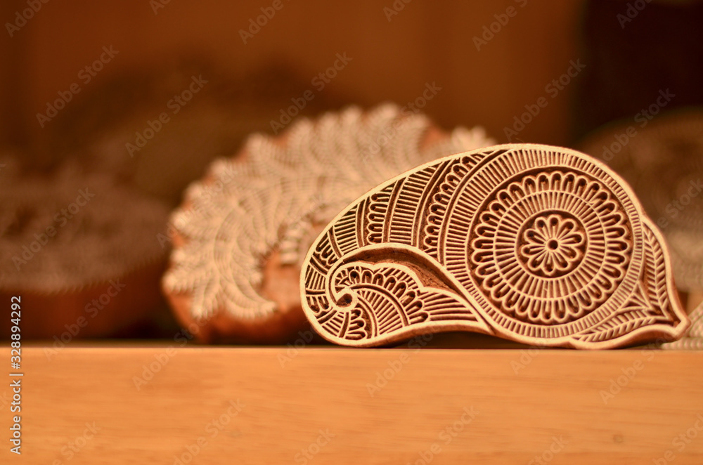 Block printing blocks on display in a factory in Jaipur, Rajasthan ...
