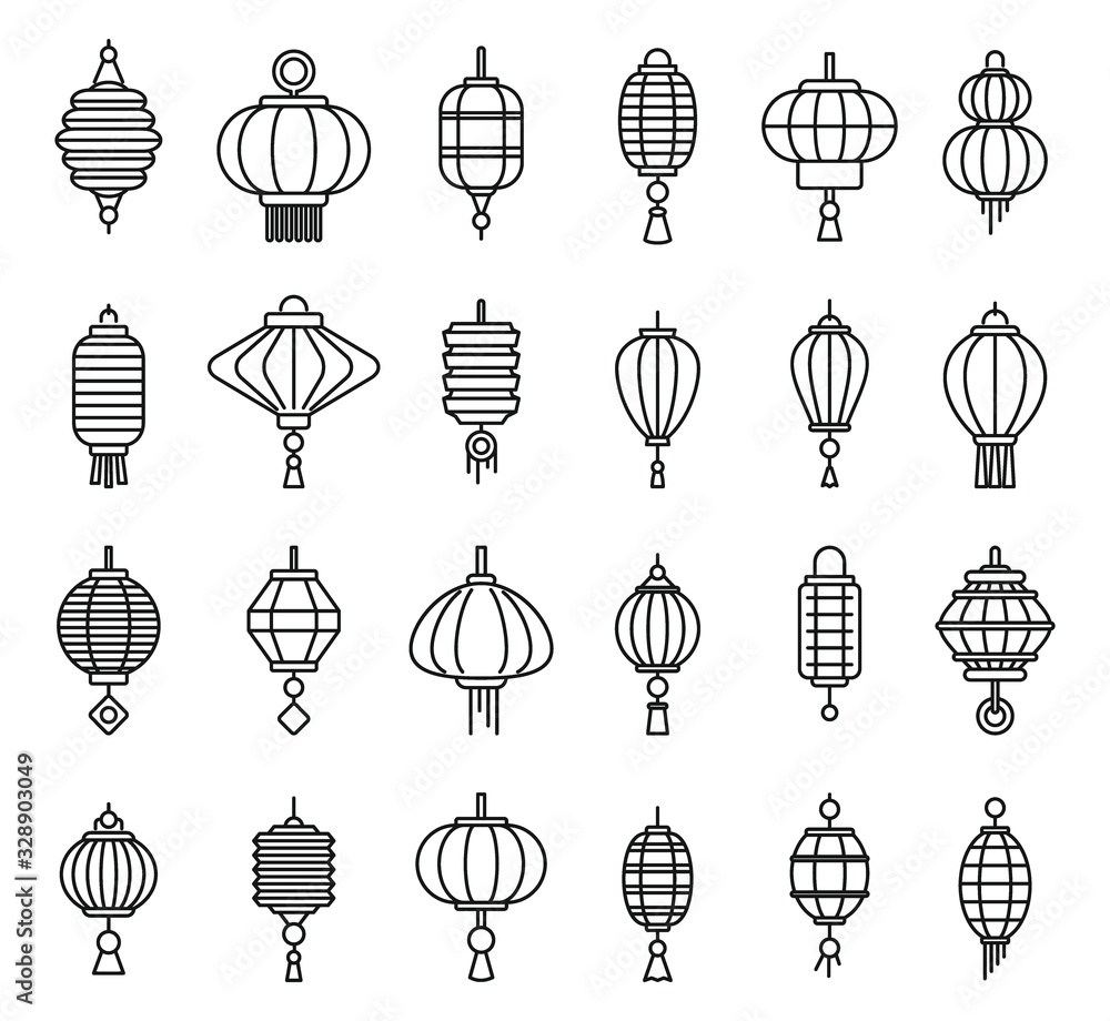 Street chinese lantern icons set. Outline set of street chinese lantern ...