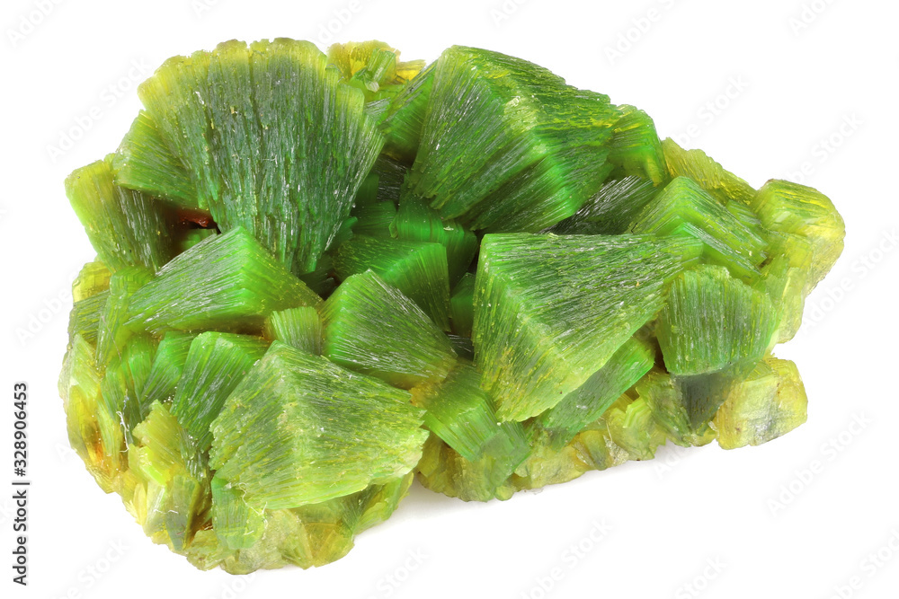 lamellar yellow green autunite crystal cluster isolated on white ...