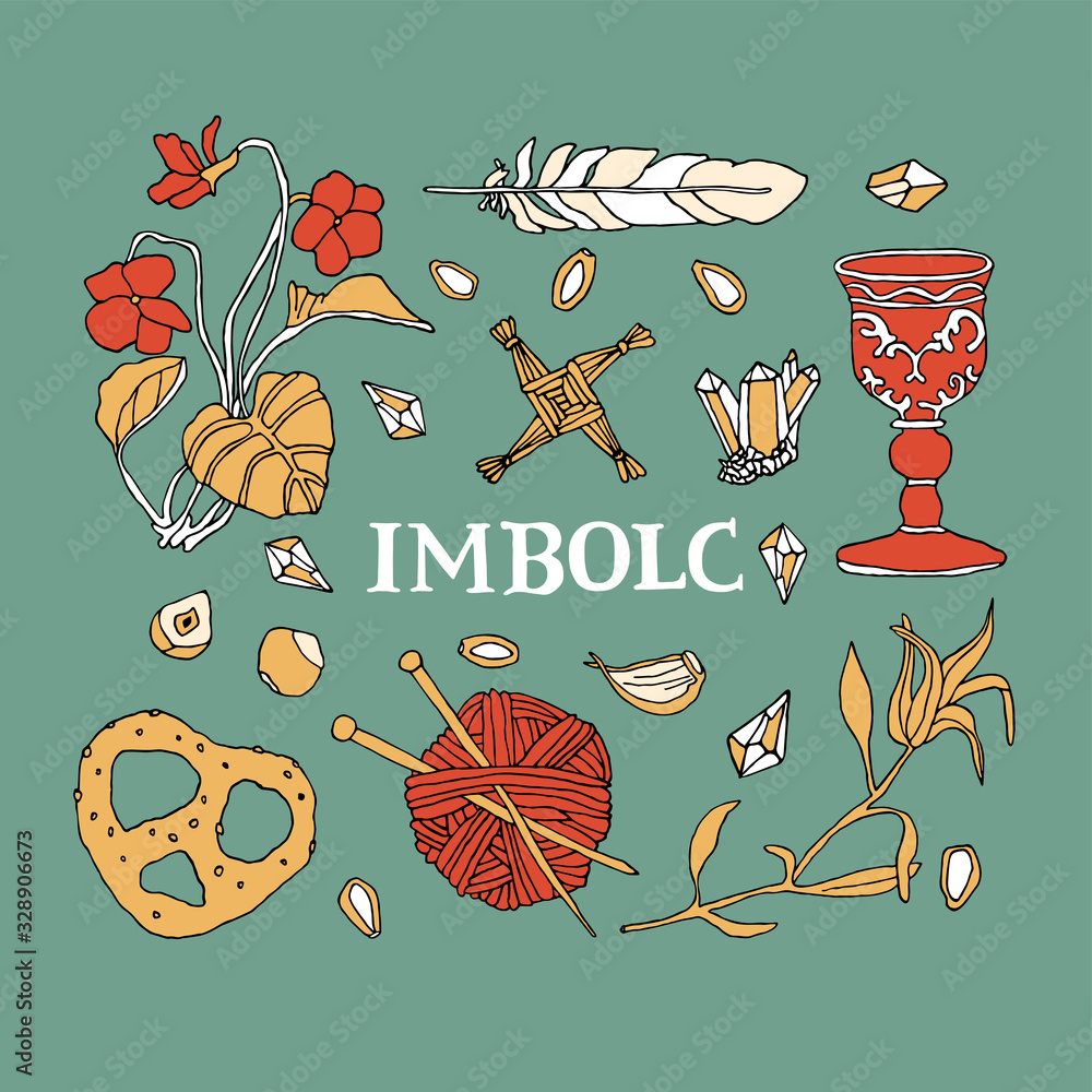 Imbolc symbols set. Celtic calendar concept. Wiccan and witchcraft ...